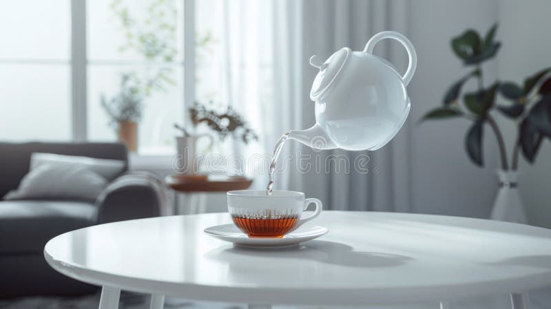 A Tea Pot Pouring Water into a Cup on a Table Stock Image - Image of ...