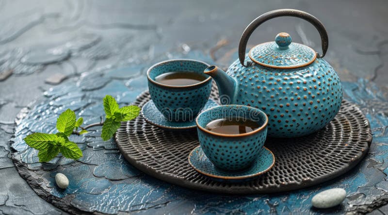 Tea Pot and Two Cups on Plate Stock Photo - Image of breakfast ...