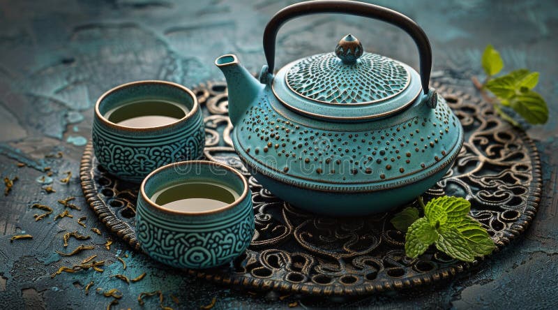 Tea Pot and Two Cups on Plate Stock Photo - Image of arrangement ...