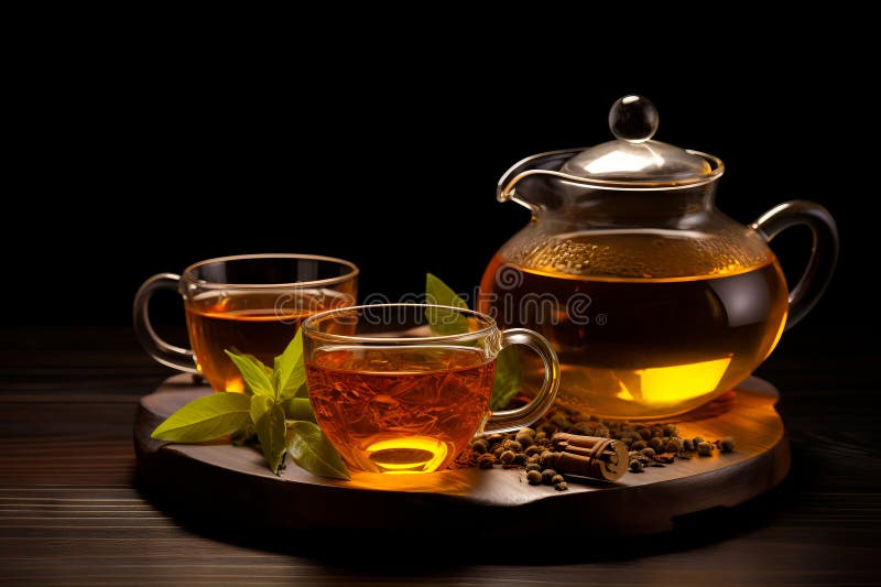 Tea Pot and Two Cups of Tea on Tray with Leaves. Generative AI Stock ...