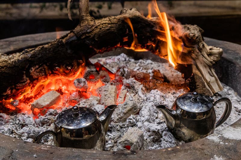 Tea Pots on a Fire in Saudi Arab Stock Photo - Image of wood ...