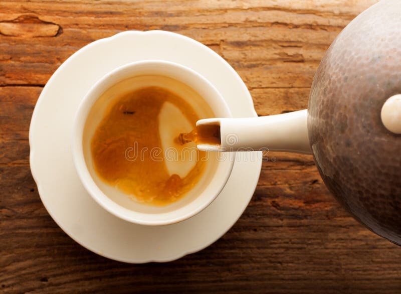 Tea Pour Cup Pot Wooden Table Cafe Stock Image - Image of brew, teacup ...