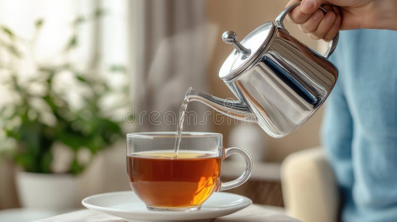 Tea Pouring from Silver Teapot into Glass Cup in Cozy Setting Stock ...