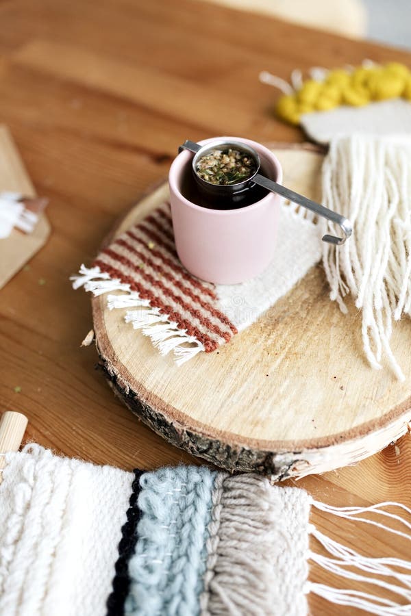 Tea on a round wood slab stock image. Image of decorative - 222637927