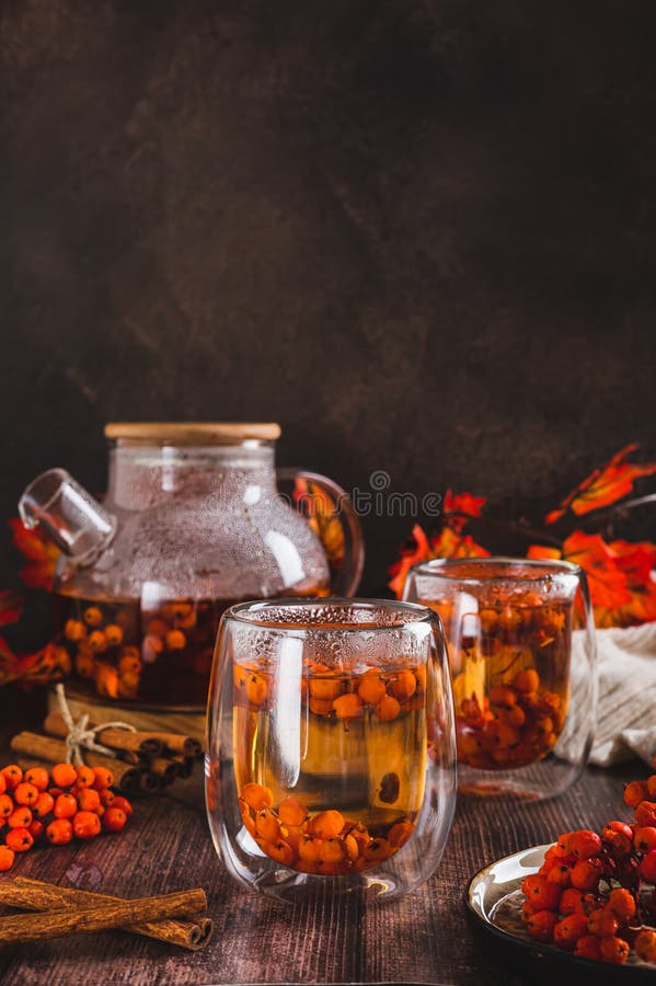 Tea with Rowan Berries in Glasses and a Teapot on the Table Vertical ...