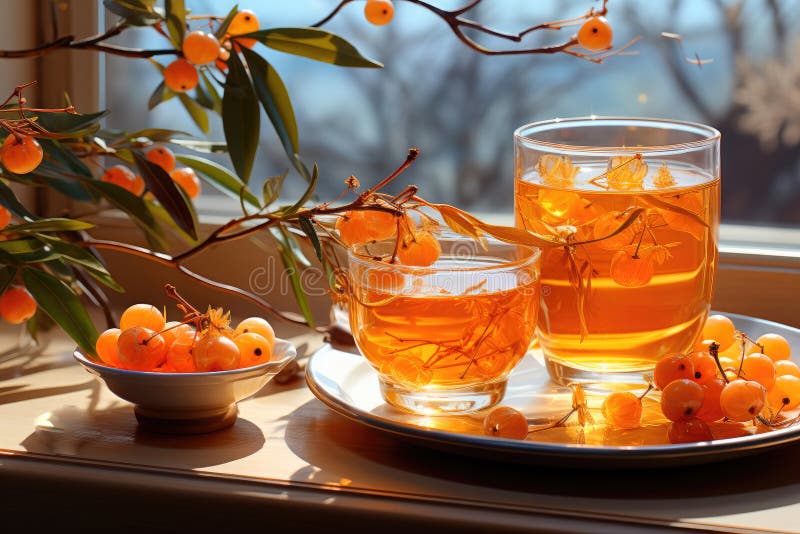 Tea of Sea Buckthorn Berries with Honey and a Branch Stock Illustration ...
