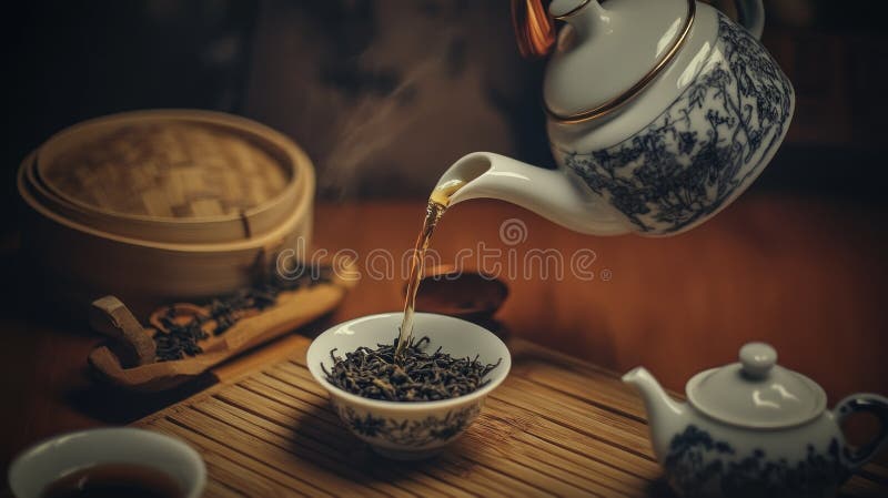 Tea Service with Hot Tea Being Served in a Traditional Teacup Stock ...