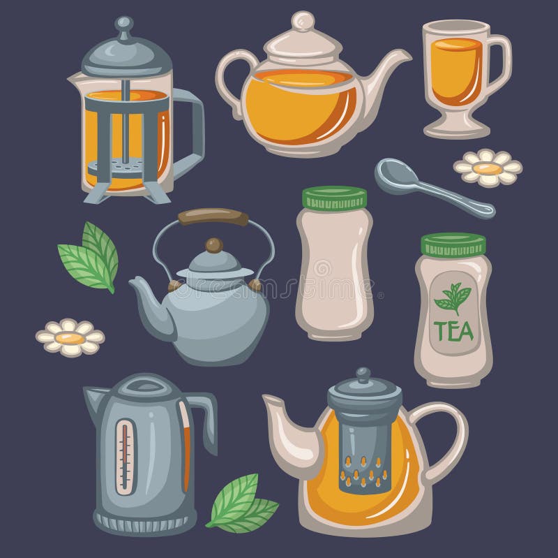 Tea Set of Chamomile Tea, with Herbs. Isolated Teapots. Vector ...
