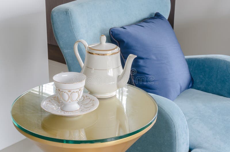 Tea Set Cup with Classic Style Blue Chair Stock Image - Image of ...