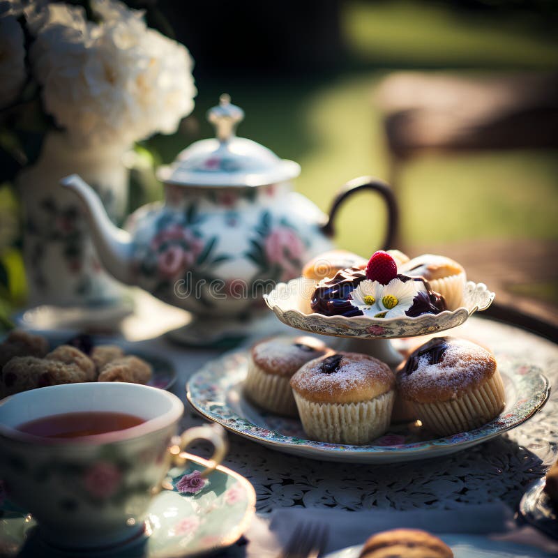 Tea Set with Cupcakes and Tea on the Table in the Garden Stock ...