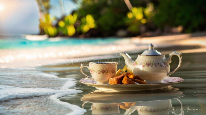 A Tea Set and Cups on a Table Next To the Ocean, AI Stock Image - Image ...