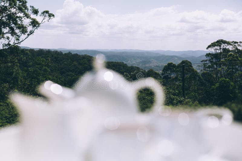 Tea set with forest views stock photo. Image of airbnb - 119611832