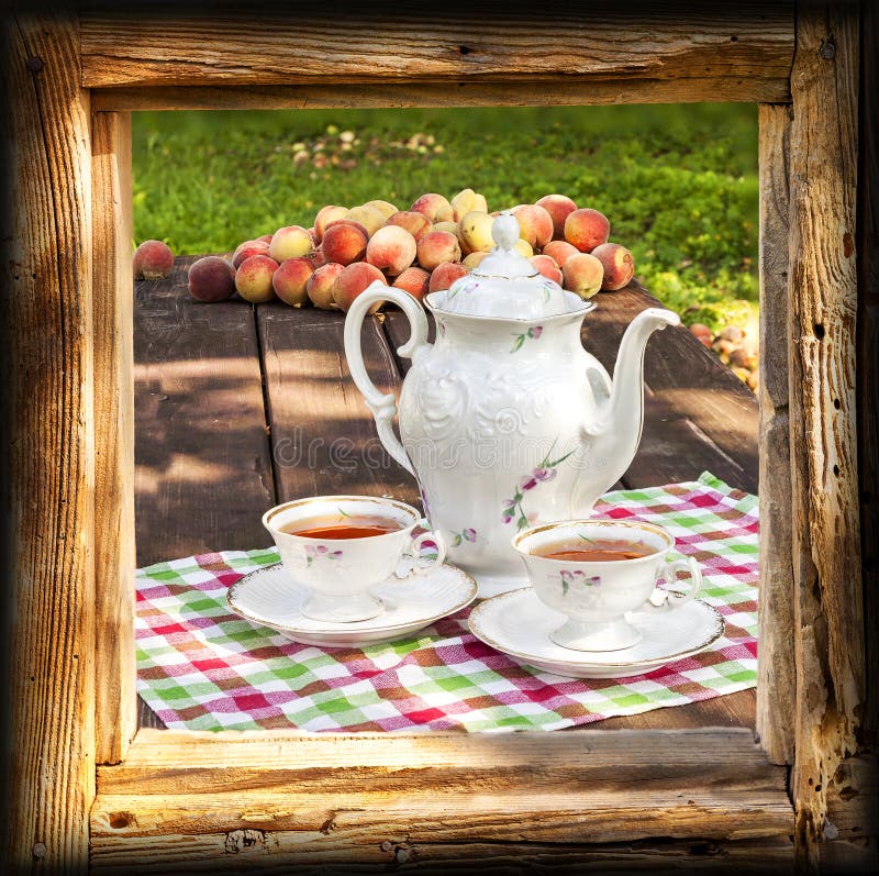 Tea Set in Garden in Wooden Frame Stock Photo - Image of drink, wooden ...