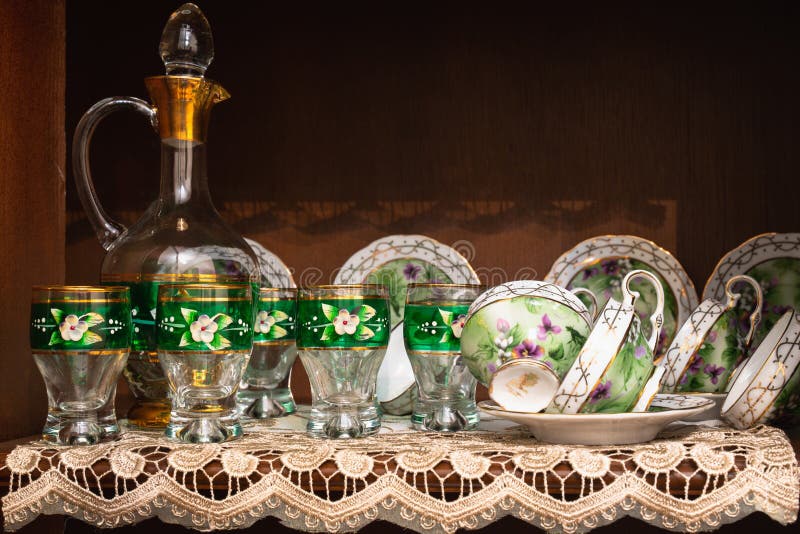Tea Set with Glasses and Decanter on the Shelf Close Up Stock Photo ...