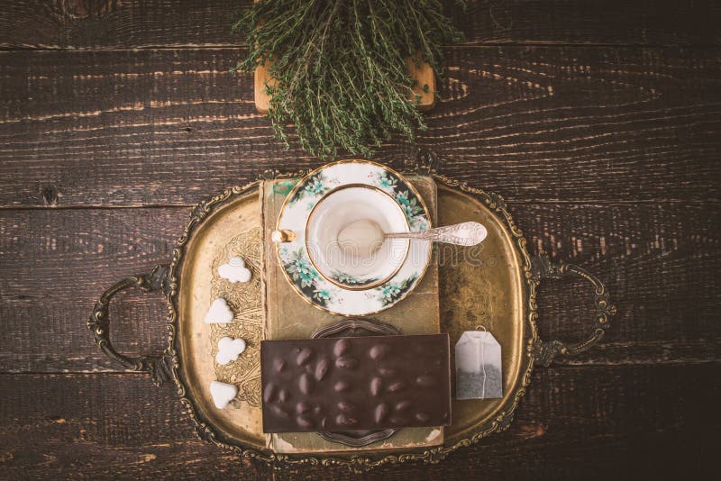 Tea Set with Herb and Chocolate on the Wooden Table Stock Image - Image ...