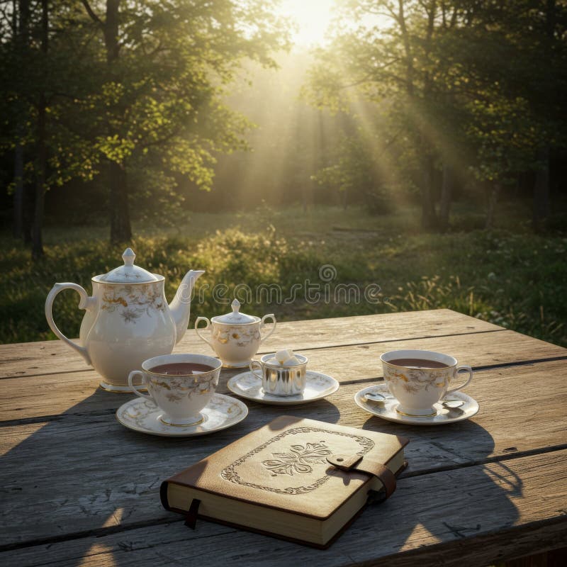 Tea Set and Journal on Wooden Table at Sunrise Stock Illustration ...