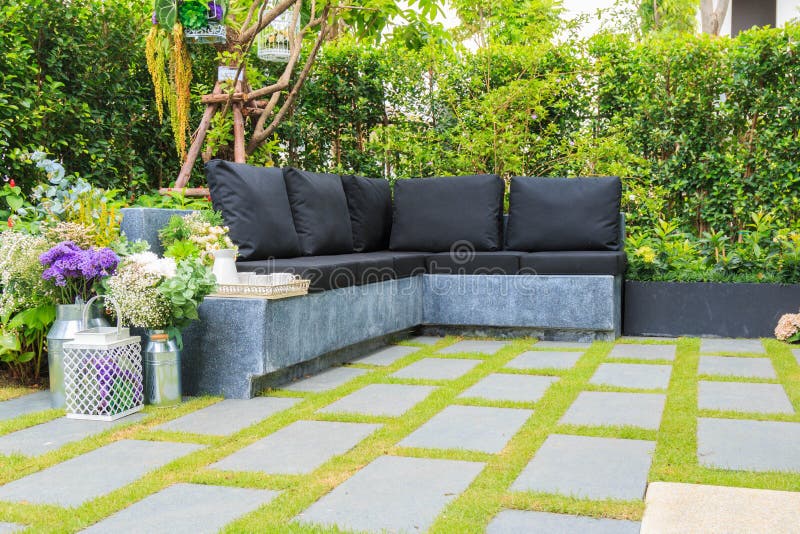 Tea Set on a Stone Bench in a Flower Garden. Stock Image - Image of ...