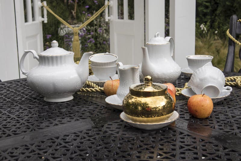 Tea Set on the Table in the Garden. Landscape Design Stock Image ...