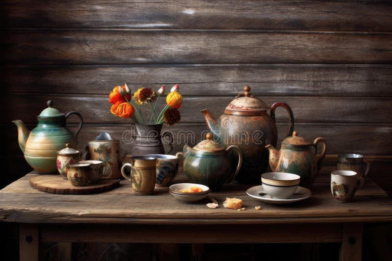 Tea Set with Teapot, Cups, and Saucers on a Rustic Table Stock ...