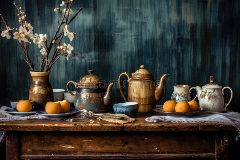 Tea Set with Teapot, Cups, and Saucers on a Rustic Table Stock ...