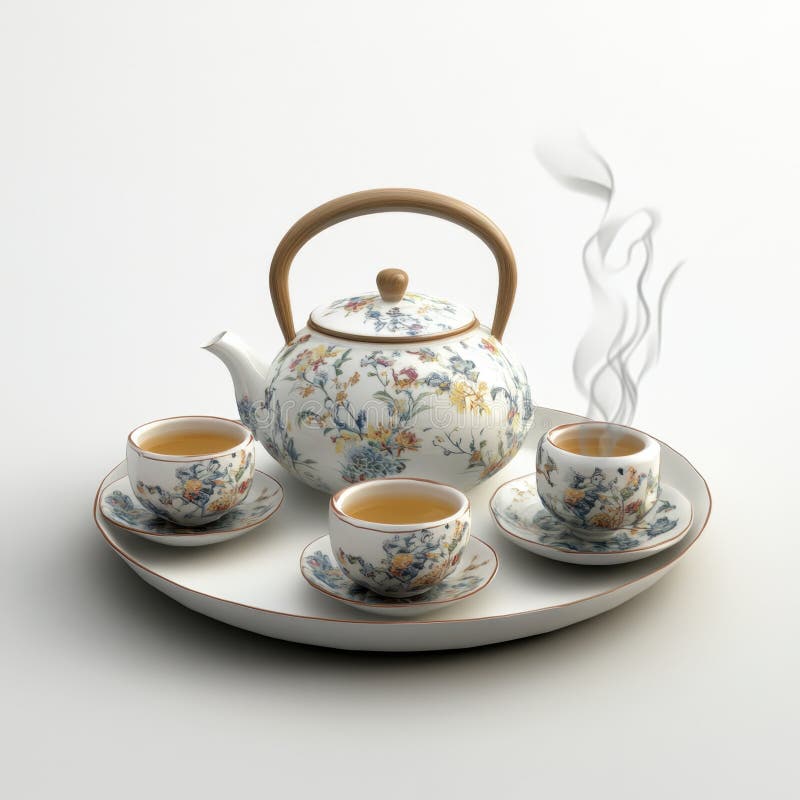 A Tea Set with a Teapot and Four Cups on a Tray Stock Illustration ...