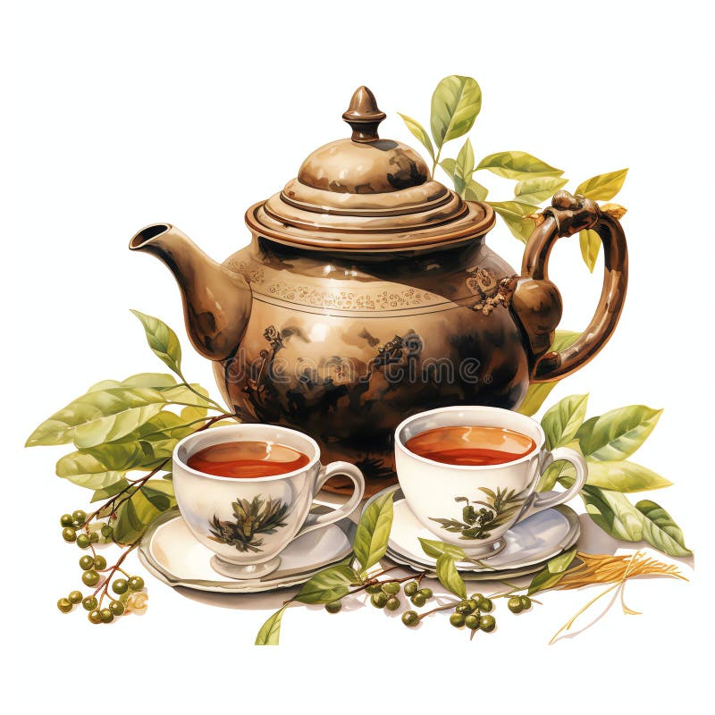 Tea Set with Traditional Teapot Cups and Tea Leaves Illustration Stock ...