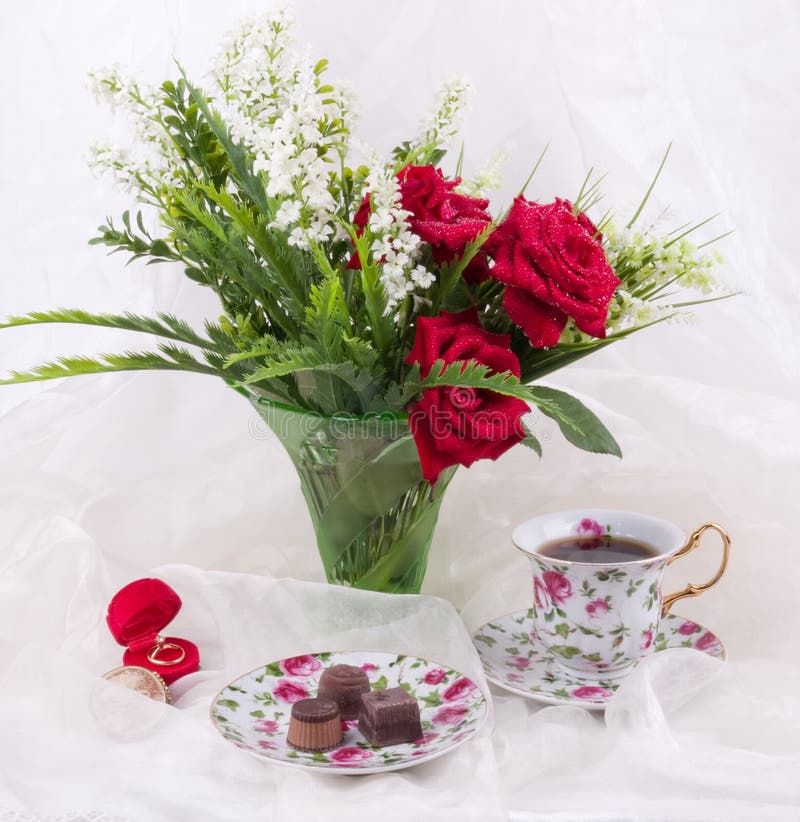 Tea Set, Wedding Rings and Red Roses Stock Image - Image of celebrate ...