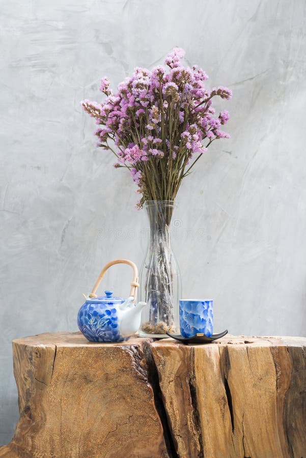 Tea set on wood stump stock photo. Image of bouquet, outdoor - 58248328