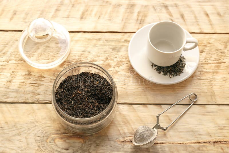 Tea Set on the Wooden Background Top View Stock Photo - Image of thyme ...