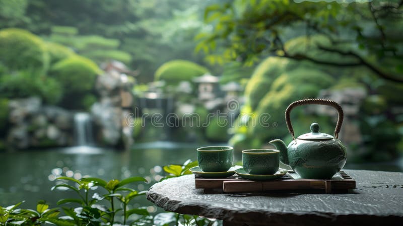 Tea Set in a Zen Garden: Embracing Tranquility Stock Image - Image of ...