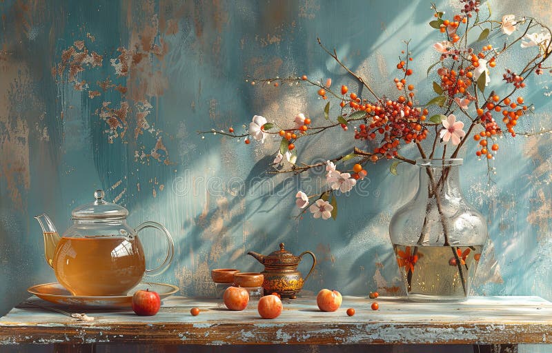 Tea with Some Ingredients on Table, in the Style of Light Maroon and ...