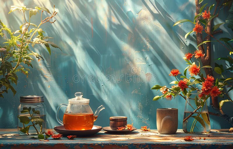 Tea with Some Ingredients on Table, in the Style of Light Maroon and ...