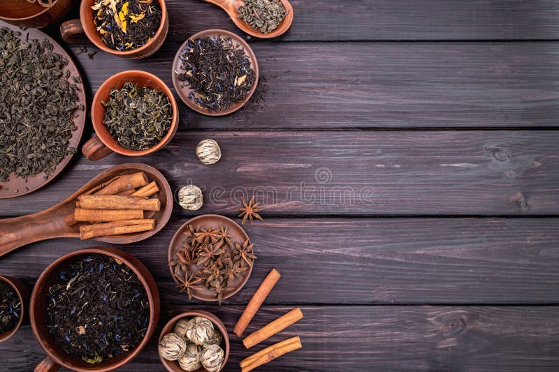 Tea and Spices on Dark Wooden Background Top View Flat Lay with Copy ...