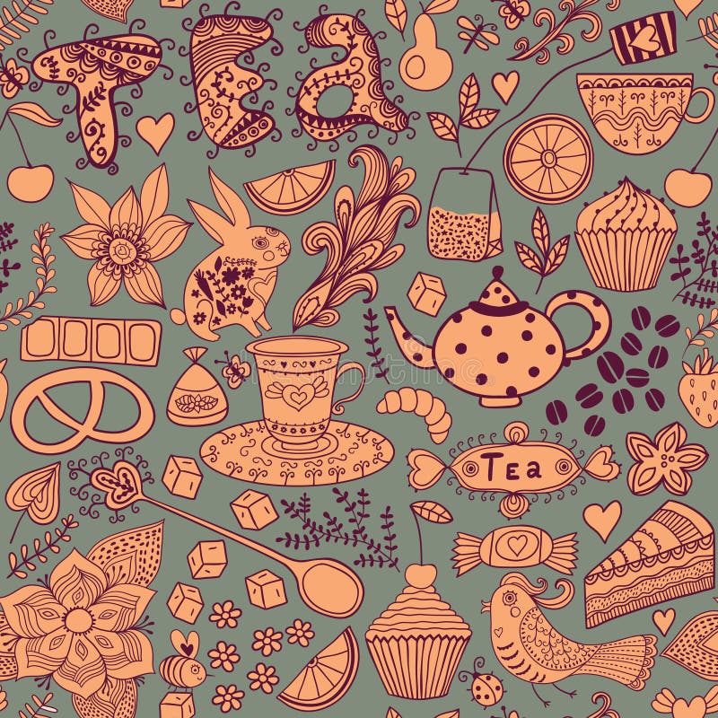 Tea Seamless Doodle Teatime Backdrop.Cakes To Celebrate Any Eve Stock ...