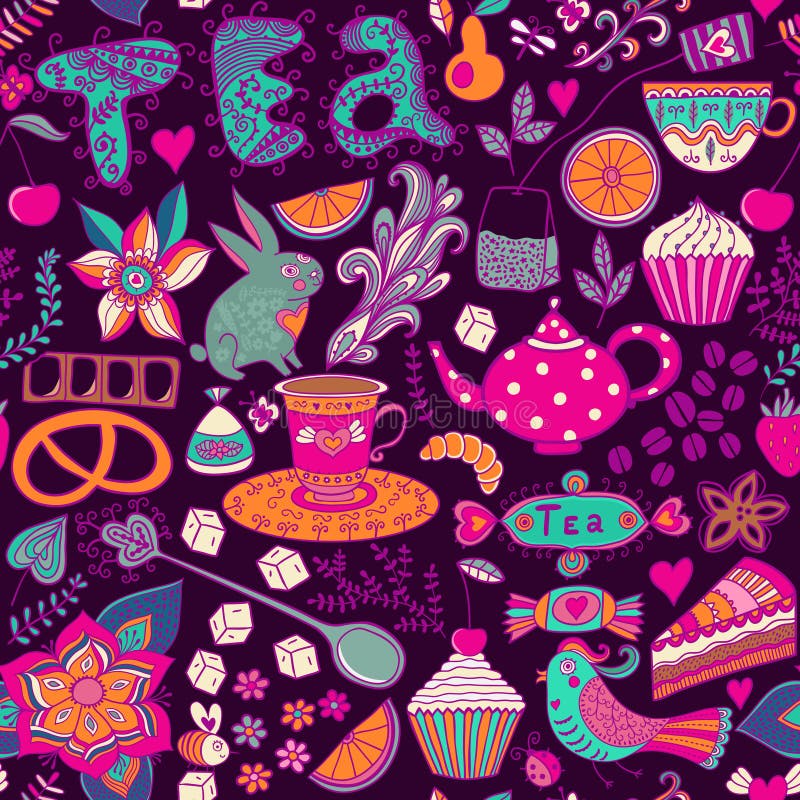 Tea Seamless Doodle Teatime Backdrop.Cakes To Celebrate Any Eve Stock ...