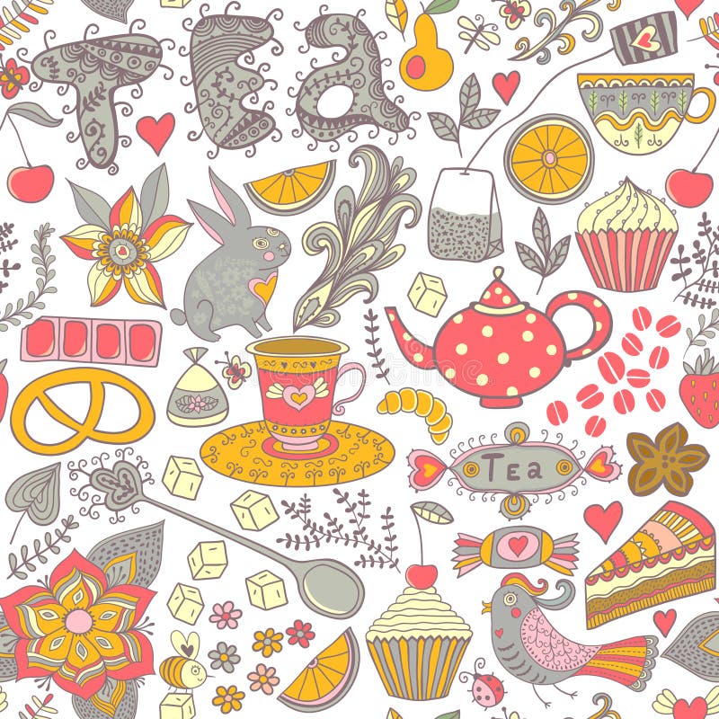 Tea Seamless Doodle Teatime Backdrop.Cakes To Celebrate Any Eve Stock ...