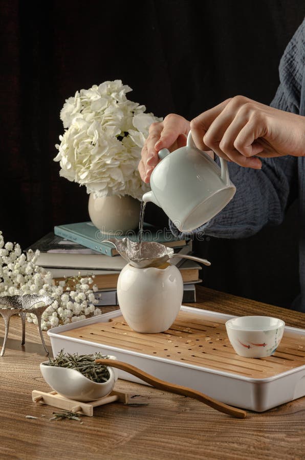 The Tea Table with Instruments Teapots Cups and Green Tea Stock Image ...