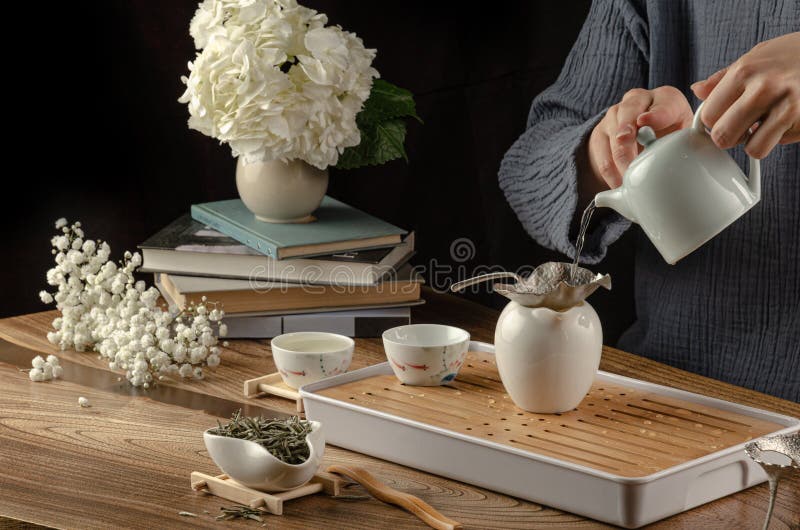 The Tea Table with Instruments Teapots Cups and Green Tea Stock Image ...