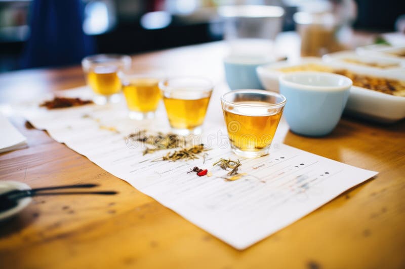 Tea Tasting Notes beside Cups with Different Tea Colors Stock Image ...