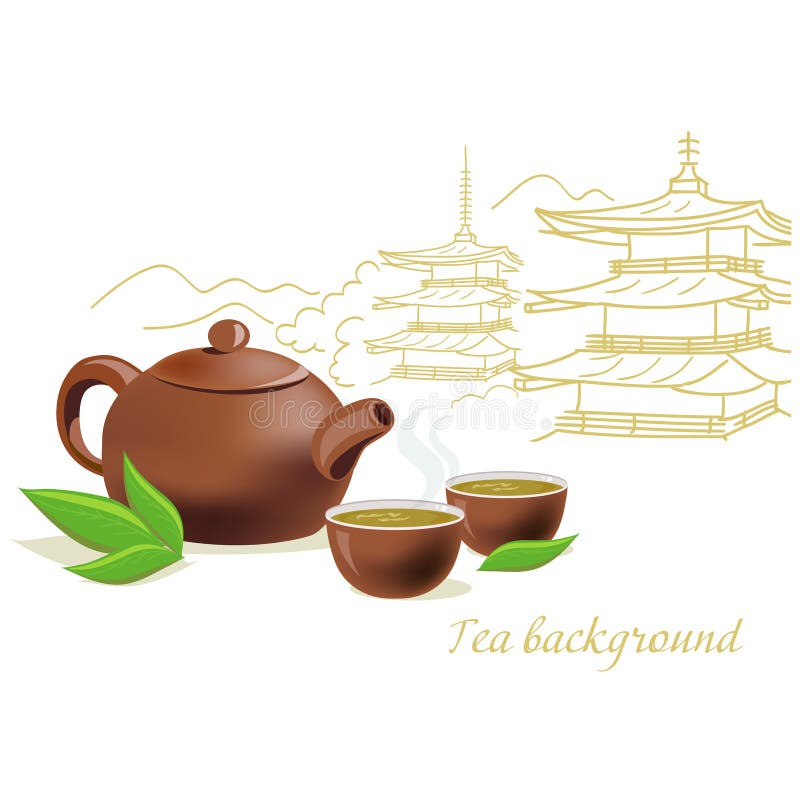 Tea, Teapot and Cups with Japanese Architecture Stock Vector ...