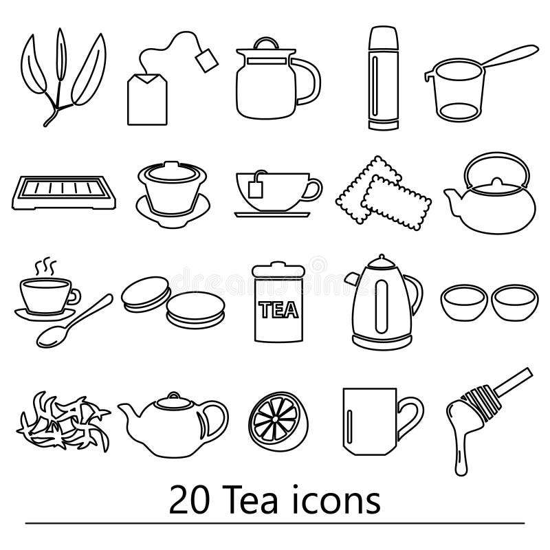 Tea Theme Black Simple Outline Icons Set Stock Vector - Illustration of ...