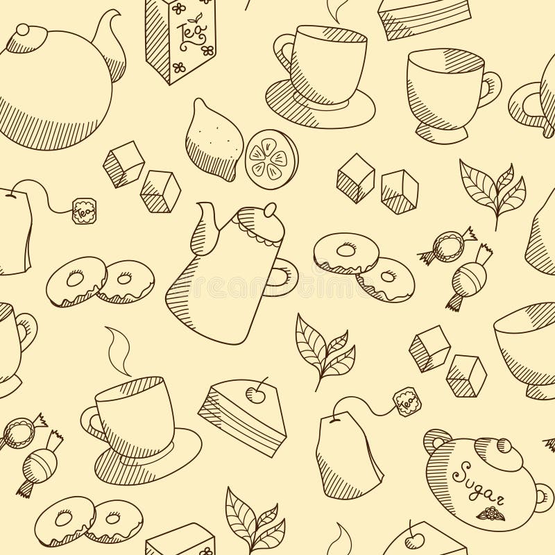 Tea Theme Sketched Seamless Pattern Stock Vector - Illustration of ...