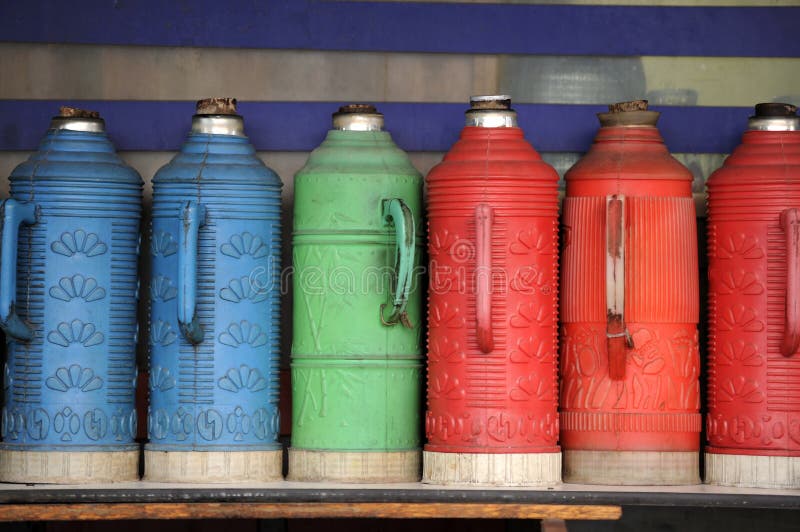 Tea thermos bottles stock image. Image of multi, blue - 7363653