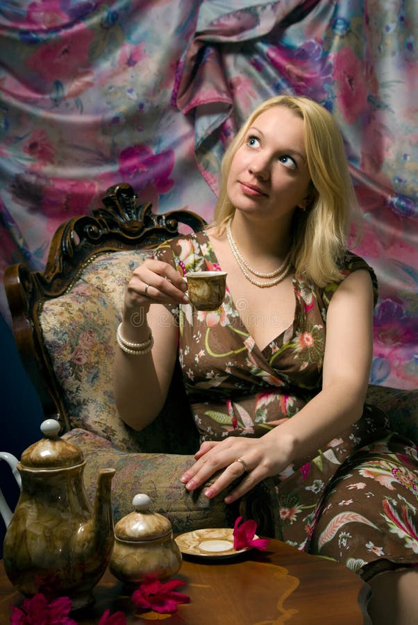 Tea time stock photo. Image of drinking, lady, sofa, decorate - 9866934