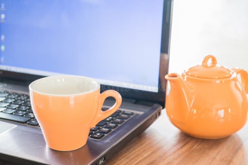 Tea Time Break on Work Table Stock Image - Image of coffee, computer ...