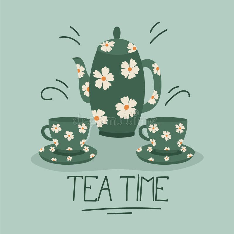 Tea Time Card Design. Green Teapot with Two Cups Vector Illustration ...