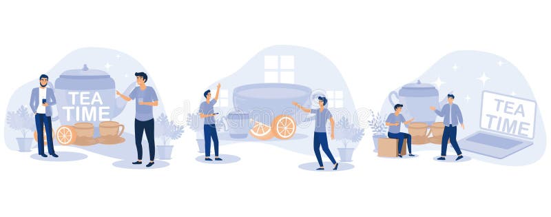 Tea Time Concept. Hot Drinks Party. Tiny People Drinking Tea Stock ...