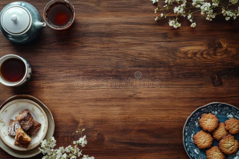 Tea Time with Cookies and Blossoms on a Wooden Table Stock Image ...