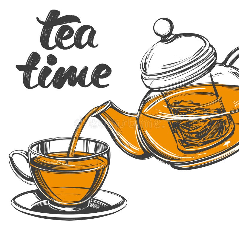 Tea Time Cup of Tea and Teapot Isolated on White Background Hand Drawn ...