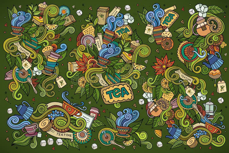 Cartoon Cute Doodles Hand Drawn Tea Frame Design Stock Vector ...